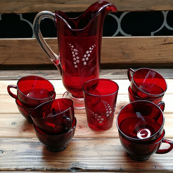 Kitchen | Vintage Ruby Red Pitcher Set | Poshmark